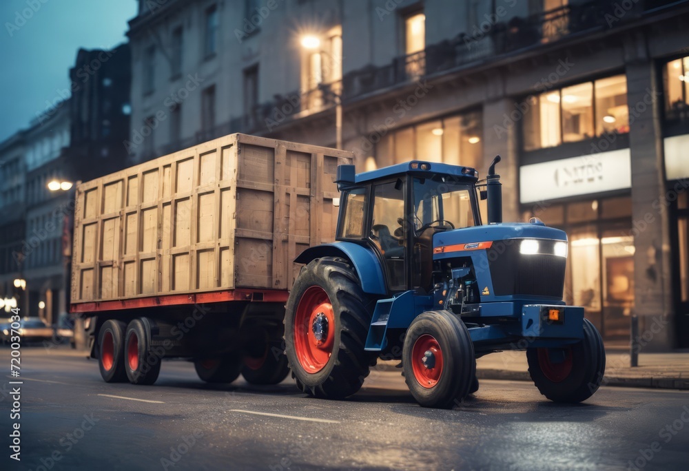 Blue tractor on the road with front loader up in the air buildings ...