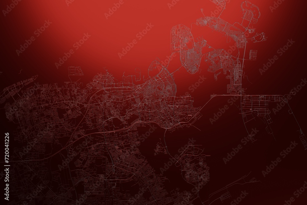 Street map of Manama (Bahrain) engraved on red metal background. Light ...