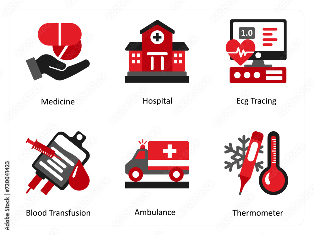 Six medical icons in red and black as medicine, hospital, ecg tracing ...
