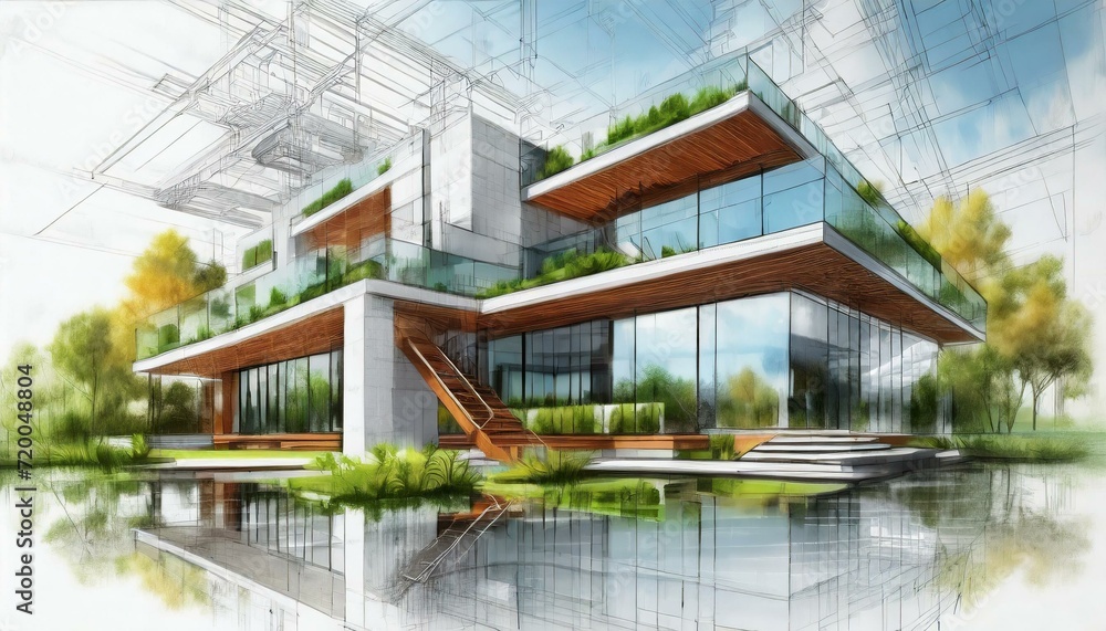 Architectural Sketch of Real Estate - Colored Schematic Drawing of ...