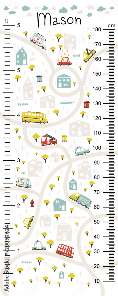 Kids height chart with road maps and cars. Cute vector illustration in ...