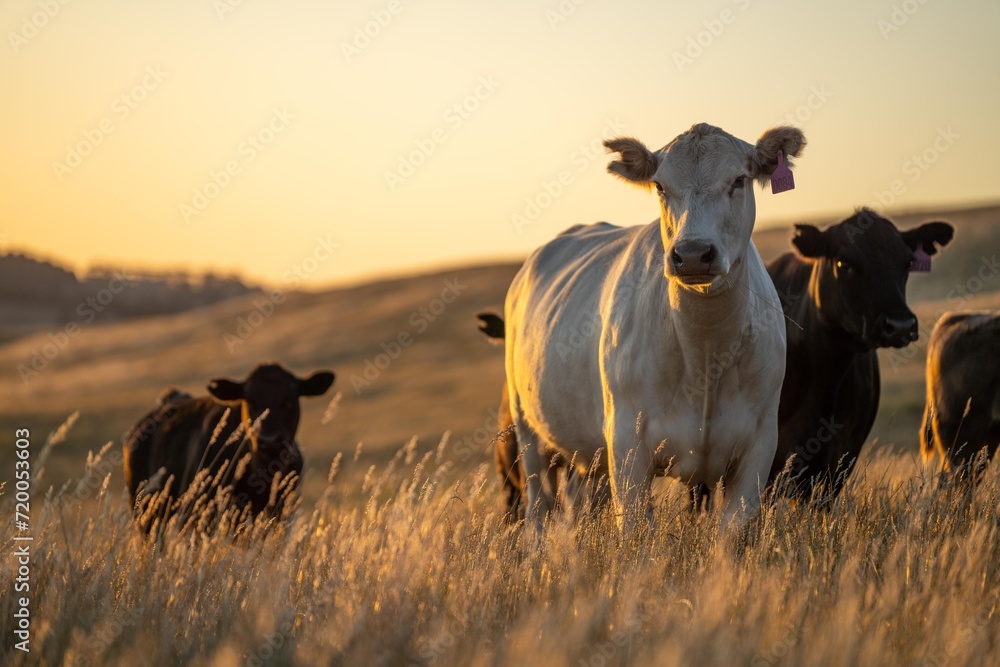 stud wagyu cows and bull in a sustainable agriculture field in summer ...