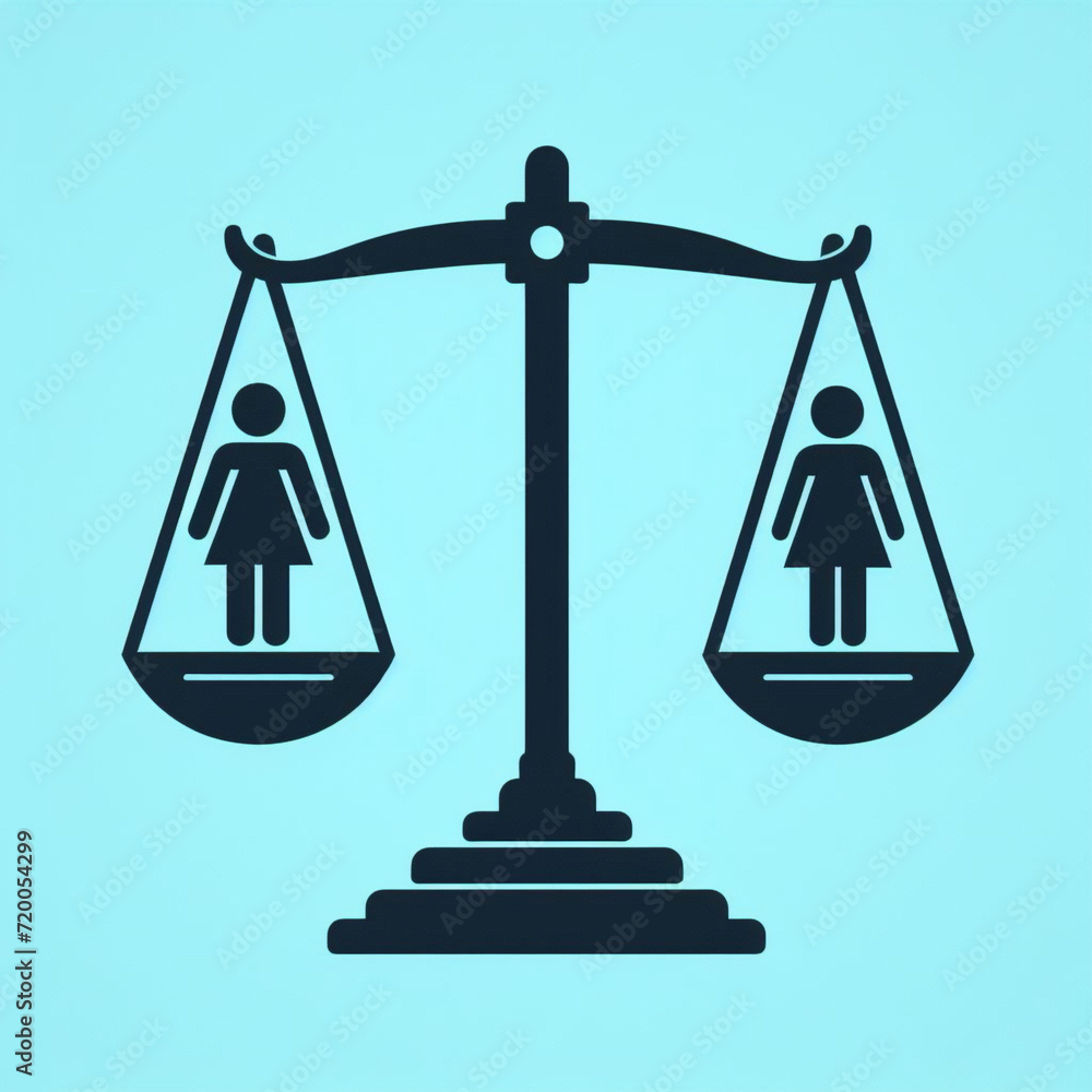 Equal male and female tiny employees standing on balance scale. Vector ...