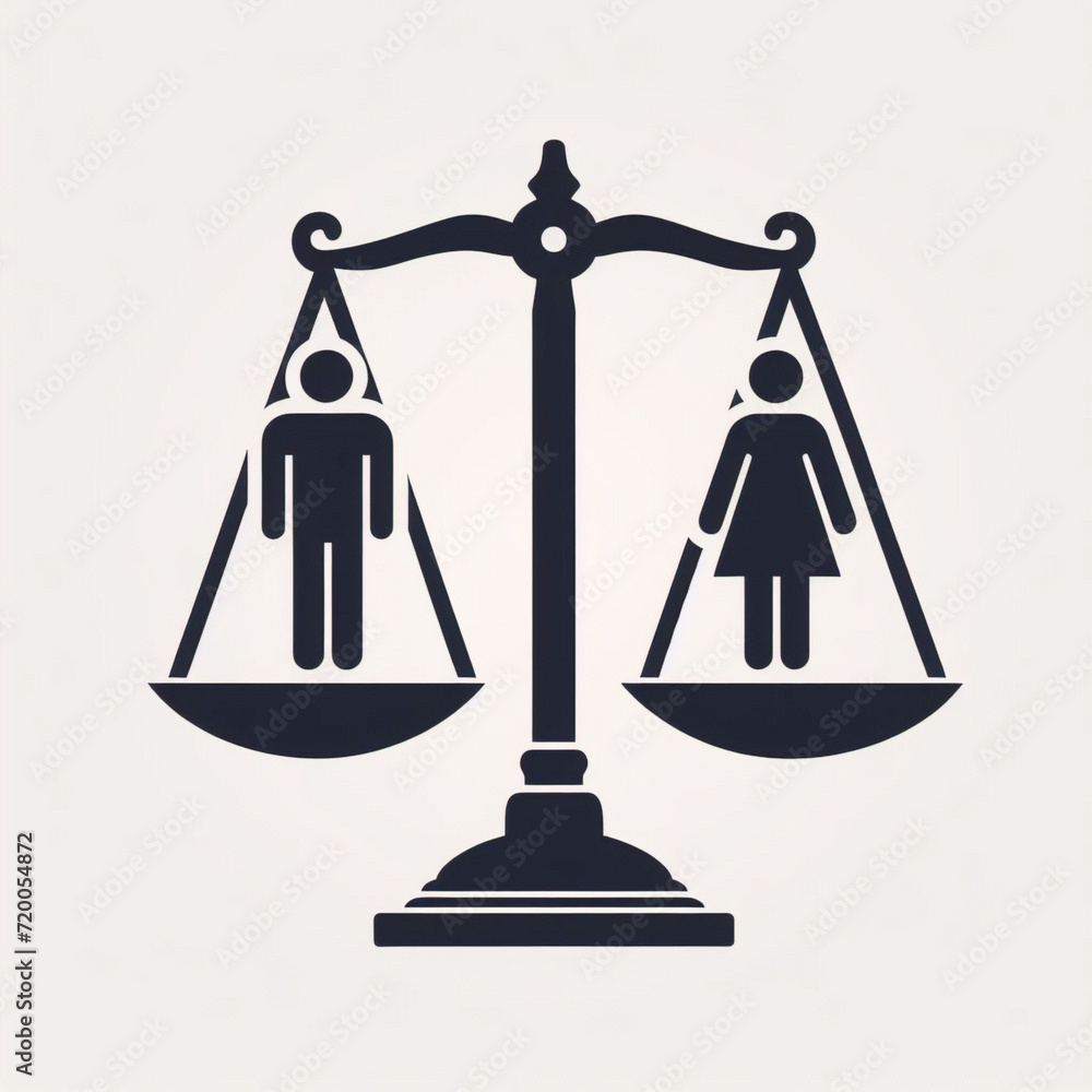 Equal male and female tiny employees standing on balance scale. Vector ...