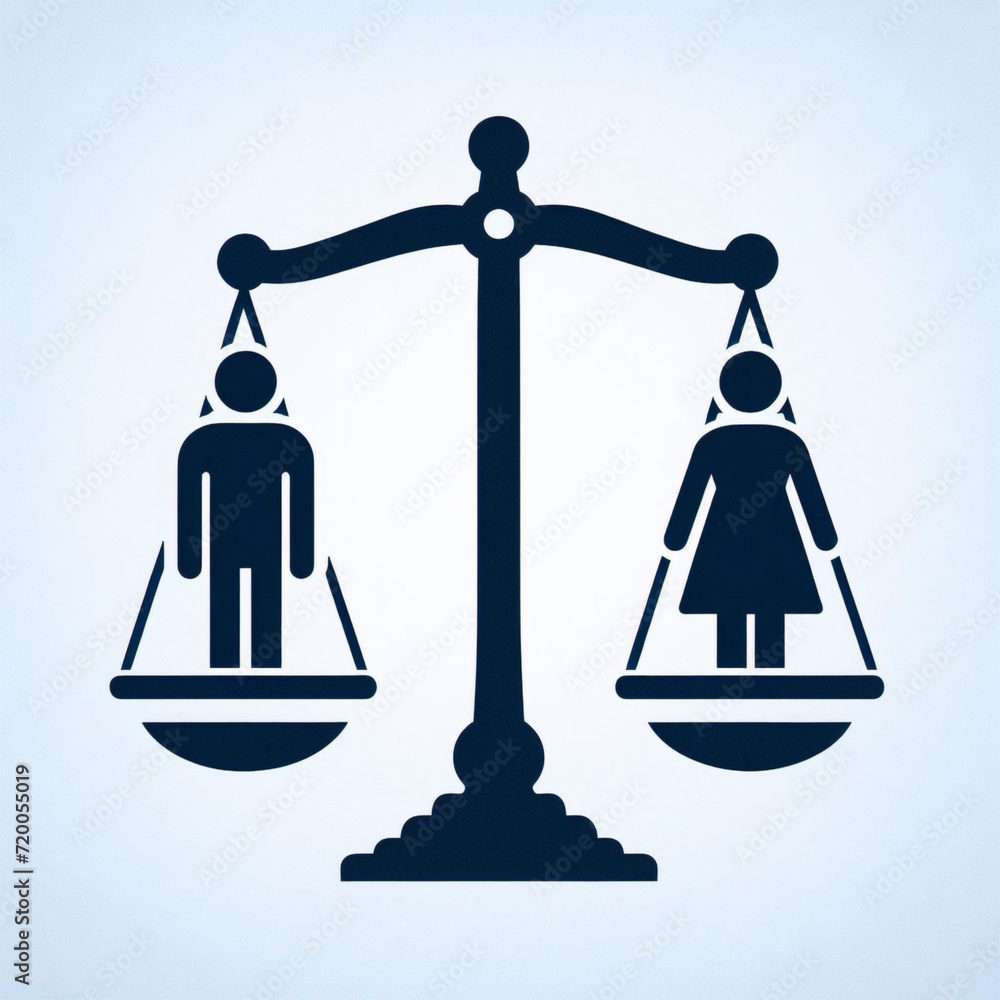 Equal male and female tiny employees standing on balance scale. Vector ...