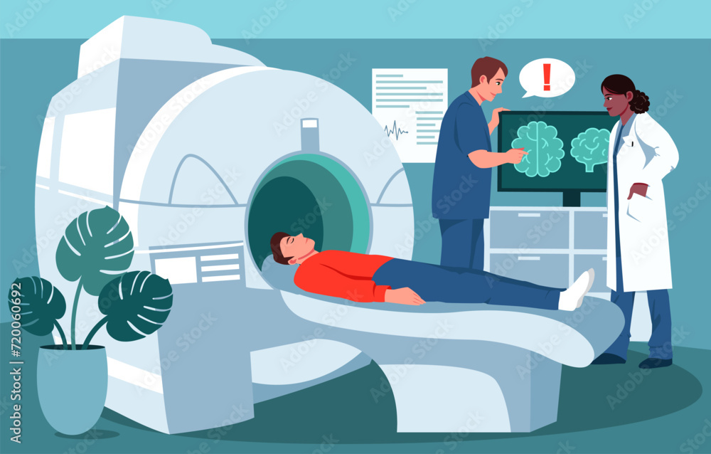 MRI scan therapy in clinic room. Doctor visiting patient on diagnosis ...