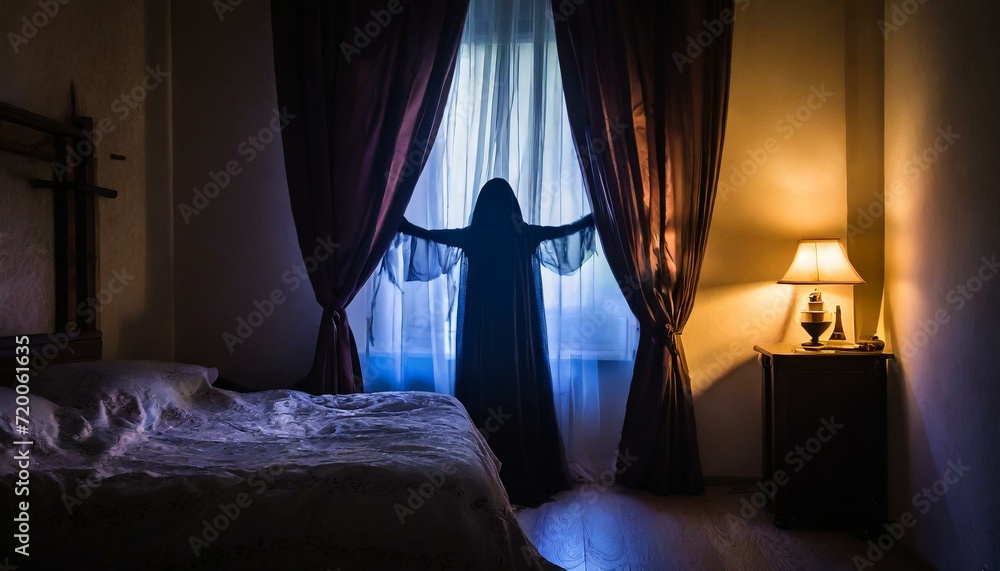 Horror silhouette in window with curtain inside bedroom at night. Stock ...