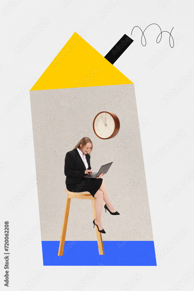 Modern aesthetic artwork. Young lady teacher sitting on stool and ...