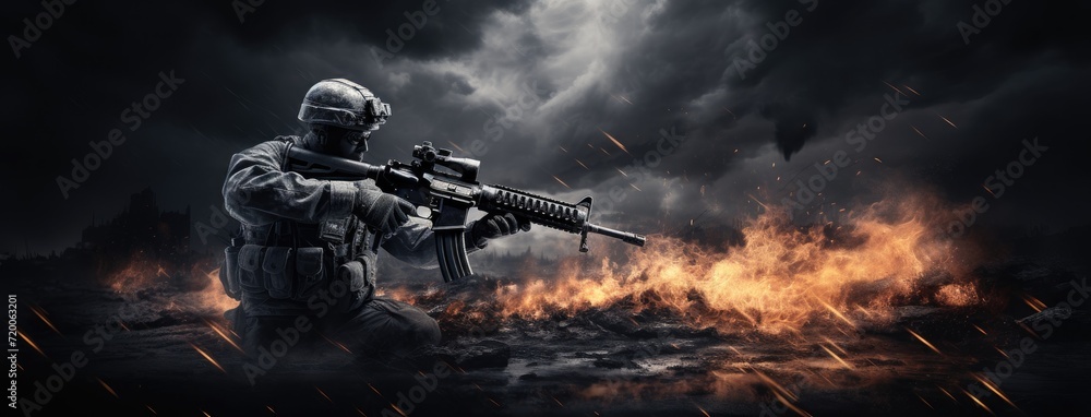 A soldier clad in military camouflage uniform, helmet, and mask ...