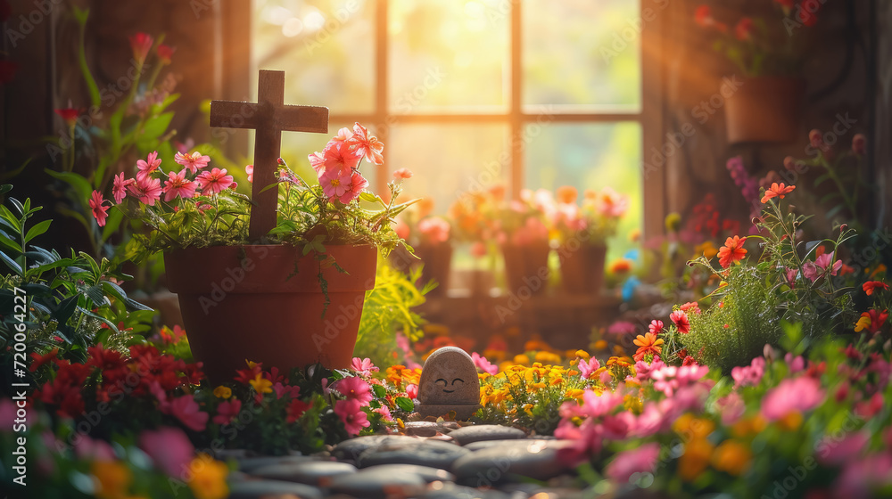 Crosses in the resurrection garden , Christian cross and flowers on ...