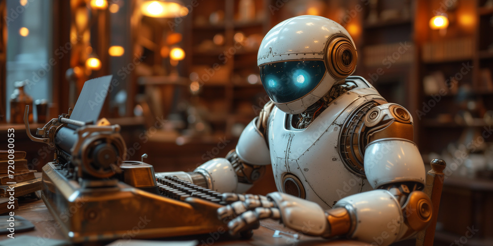 Cute robot automaton writing at a vintage writing table using a classic ...