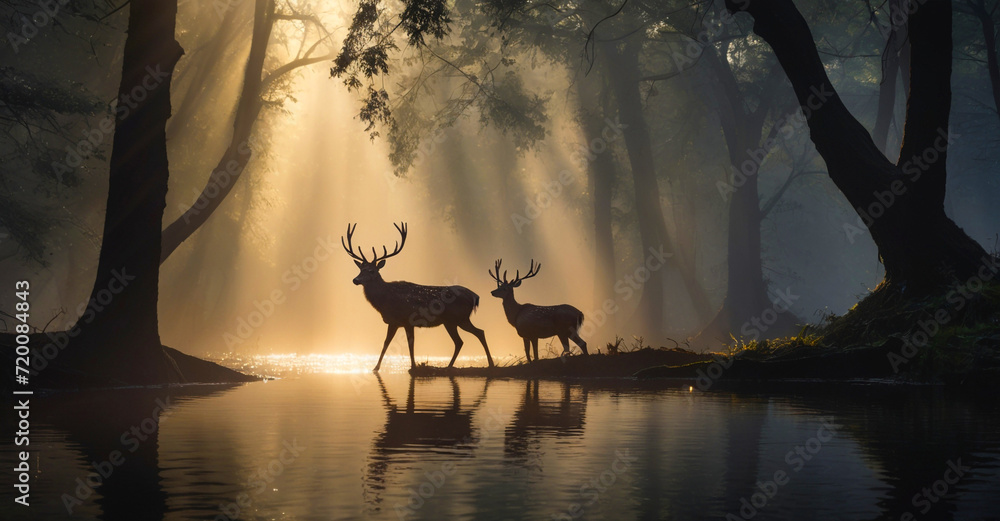 Silhouette of male deer in the dreamy deep forest in the misty morning ...