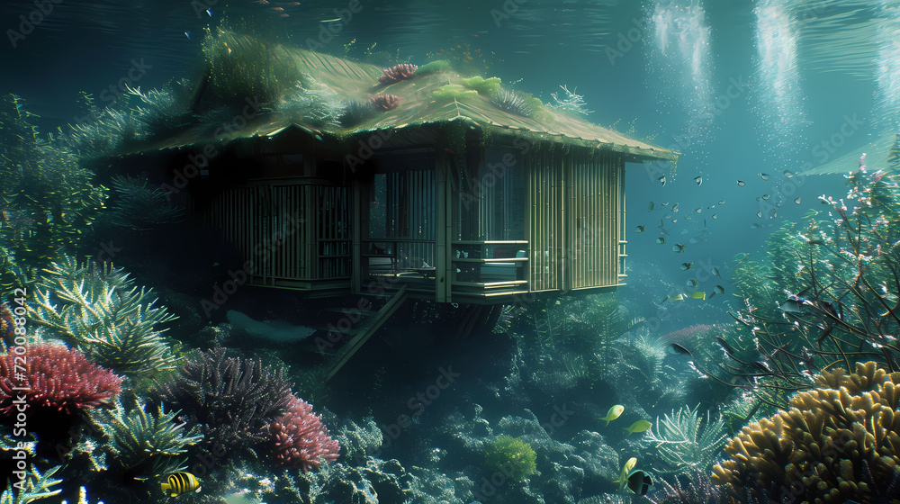 beautyfull bamboo resort floded under sea water corral groow on the ...