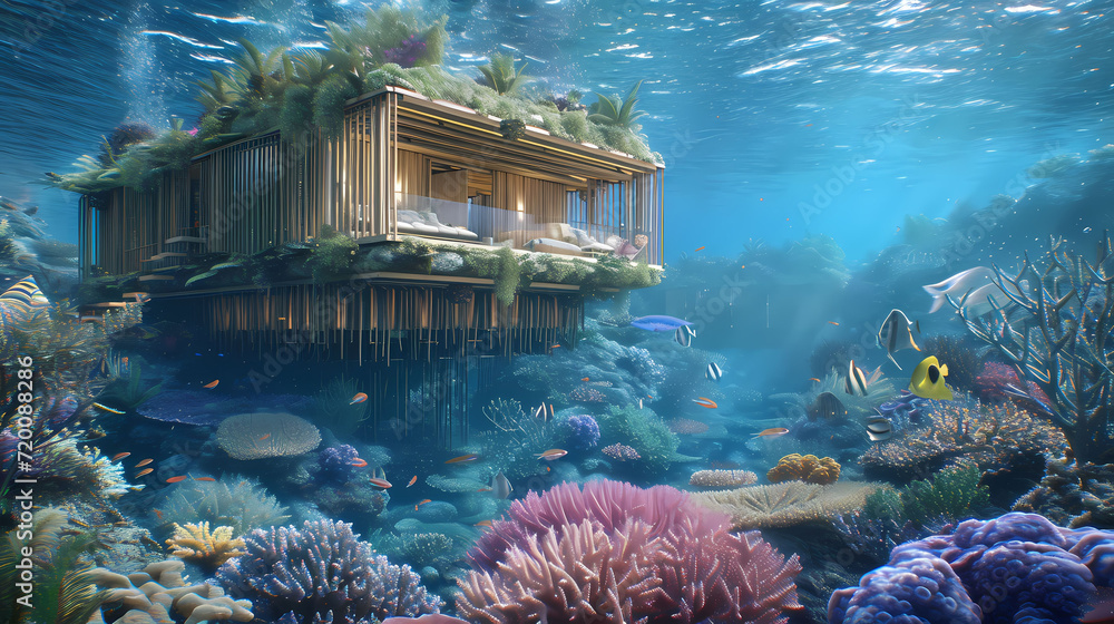 bright under water fantasy sea bamboo house around beauty coral bottom ...