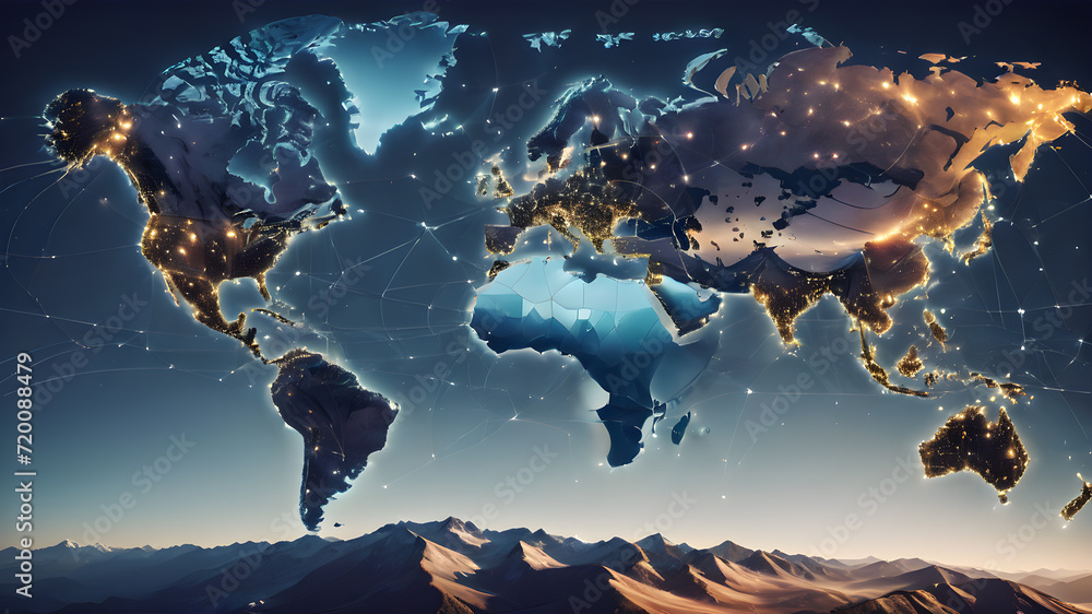 Polygonal mesh network map of world of lines and points, dots and ...