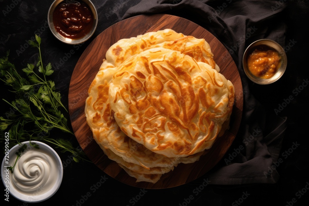 Southeast Asia food - Roti Canai on wooden table top. Overhead view ...