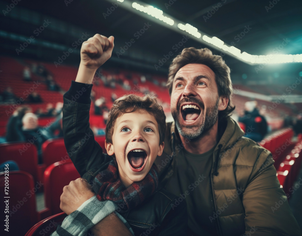 father and son cheer football team at grandstand..cheer for their ...