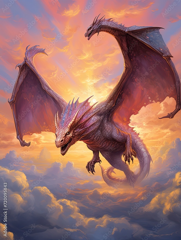 Fantasy Dragon Illustrations: Sunset Skies, Majestic Dragons Soar ...