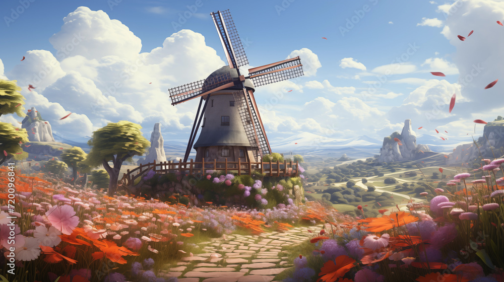 a windmill stands in the middle of a pink garden, in the style of ...