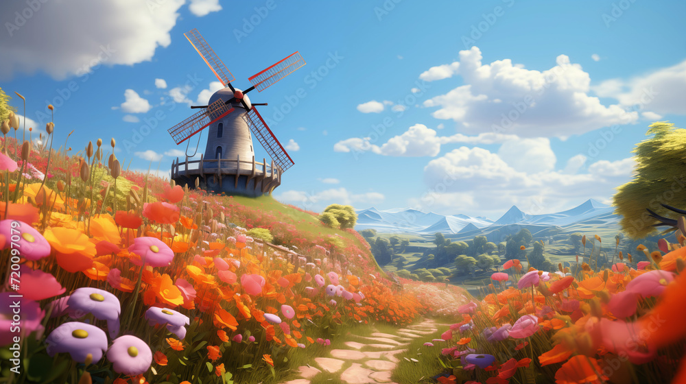a windmill stands in the middle of a pink garden, in the style of ...