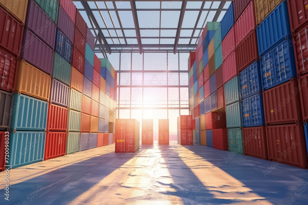 Radiant sunbeams pierce through the containers, casting a mesmerizing ...