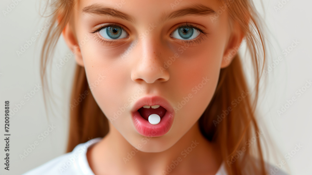 Child or teen with a while pill in her mouth. Concept of taking ...