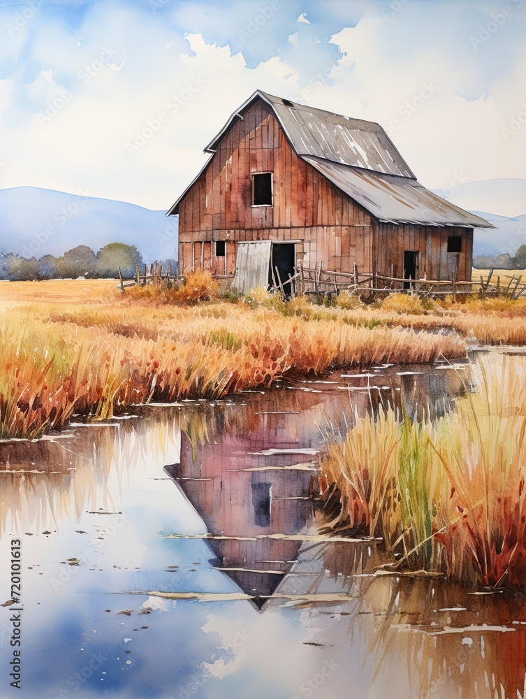 Serenity by the Lake: Modern Rustic Barnhouse Watercolor Artwork with ...