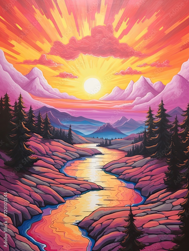 Dawn of Nostalgia: Vivid 90s Pop Culture Painting with Sunrise Colors ...