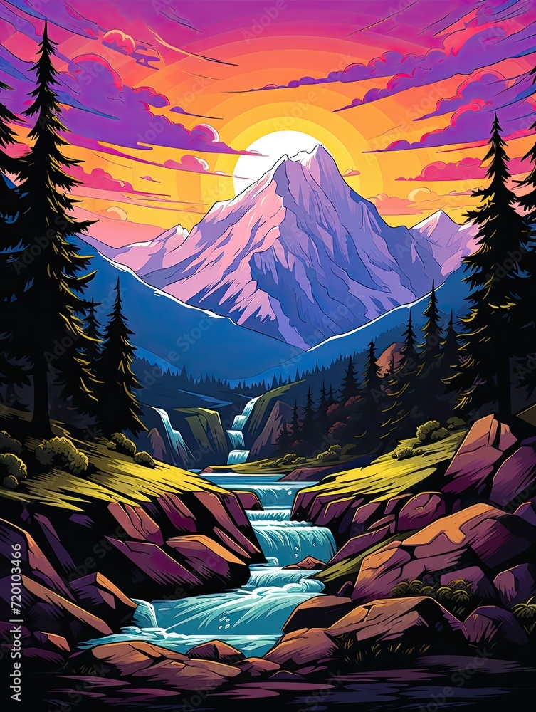 Nostalgic 90s Pop Culture Mountain Landscape - Peak 90s Style Art Stock ...