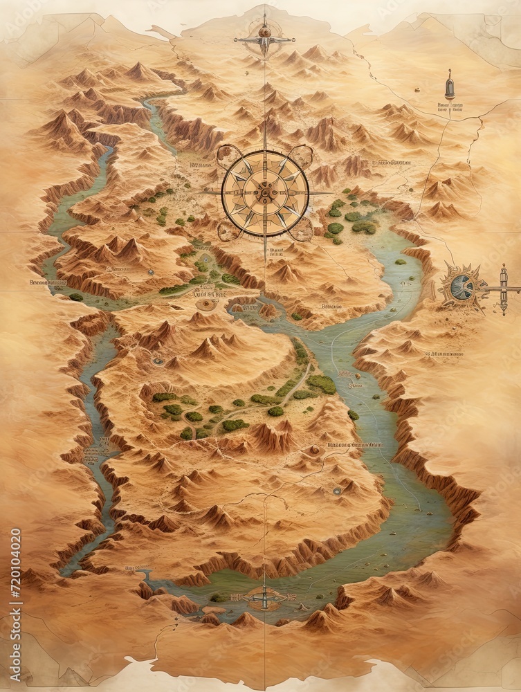 Ancient Caravan Routes: Old World Map Desert Landscape Art with Charted ...