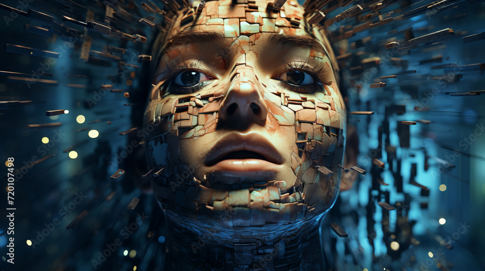 Girl face disintegrates into little fragments symbolizes psychological ...