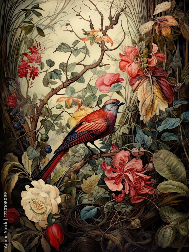 Victorian Botanical and Bird Combinations Abstract Landscape, Ornate ...