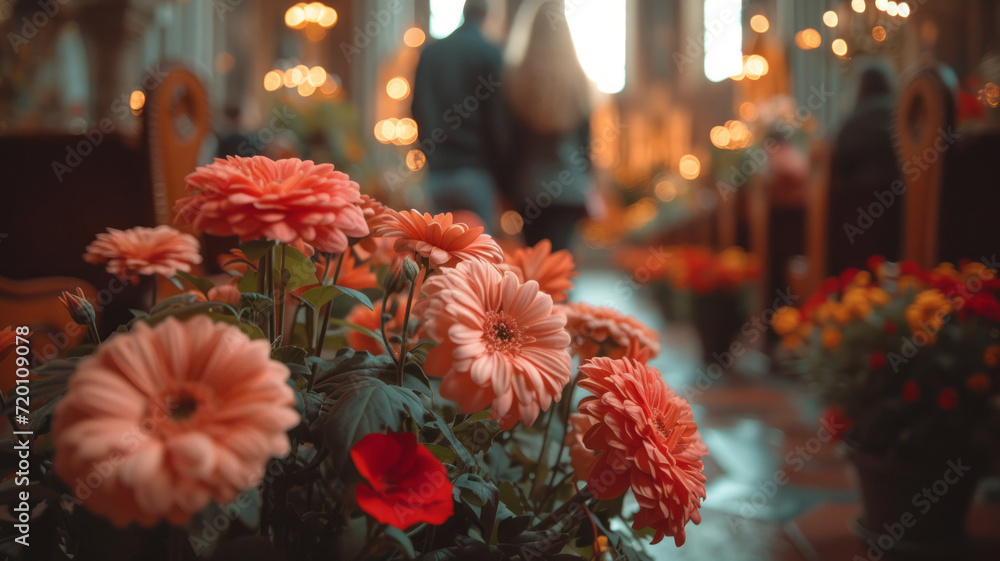Sad, funeral and flowers with couple and coffin in church for death ...
