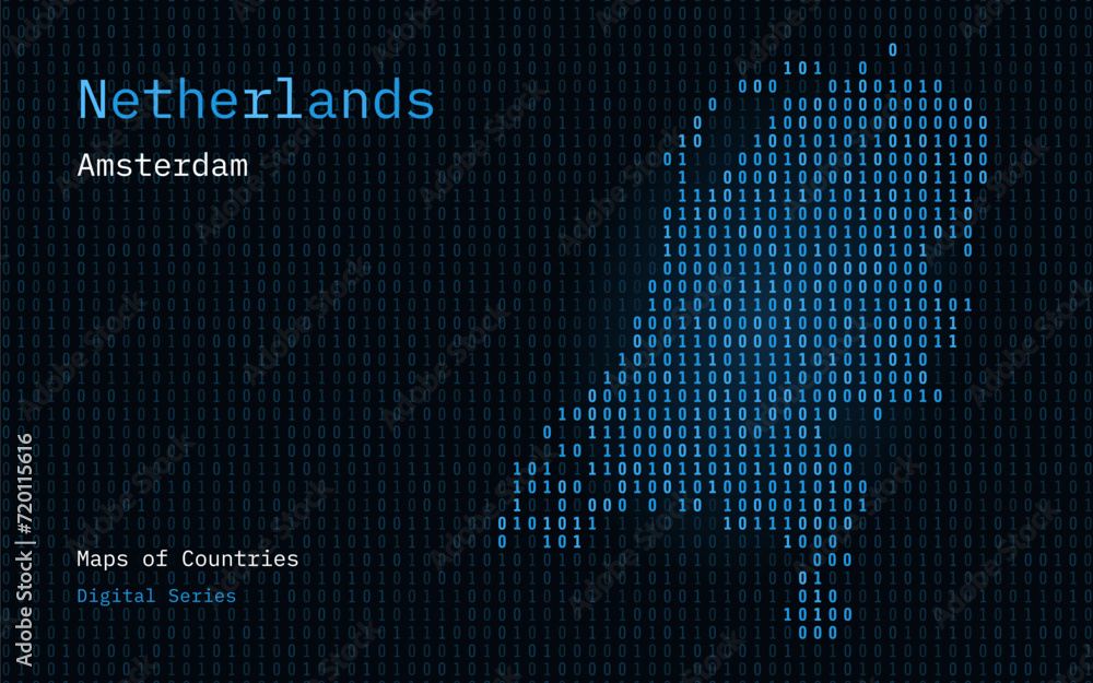 Netherlands Map Shown in Binary Code Pattern. TSMC. Blue Matrix numbers, zero, one. World ...