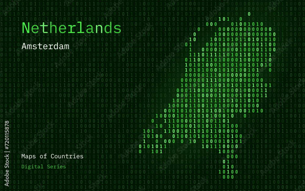 Netherlands Map Shown in Binary Code Pattern. TSMC. Blue Matrix numbers, zero, one. World ...
