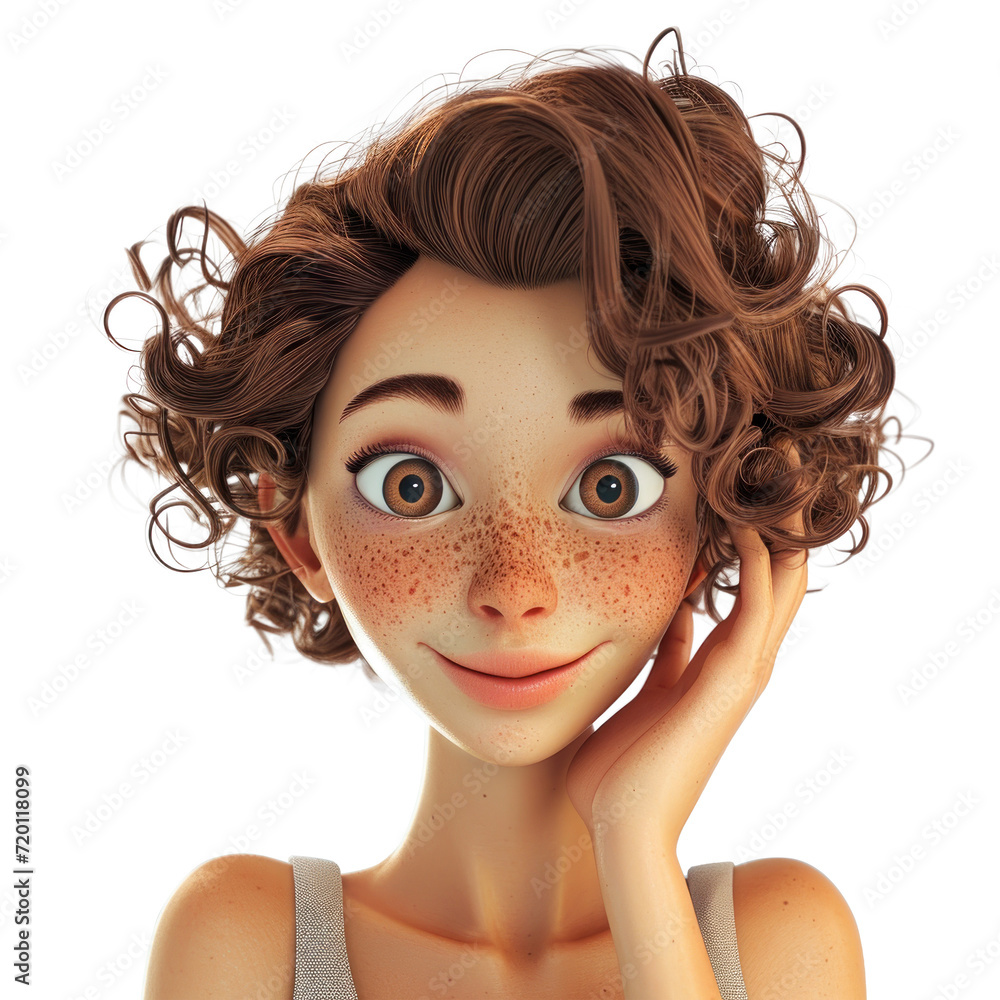 3d cartoon beautiful beauty freckles woman hand posing, face touching ...