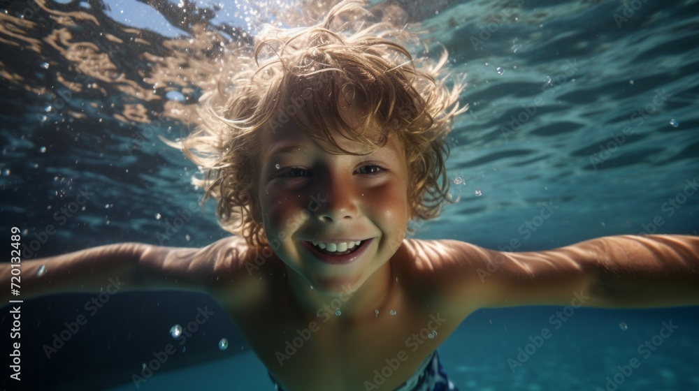 A joyful 5 year old boy is swimming underwater in the sea or pool ...