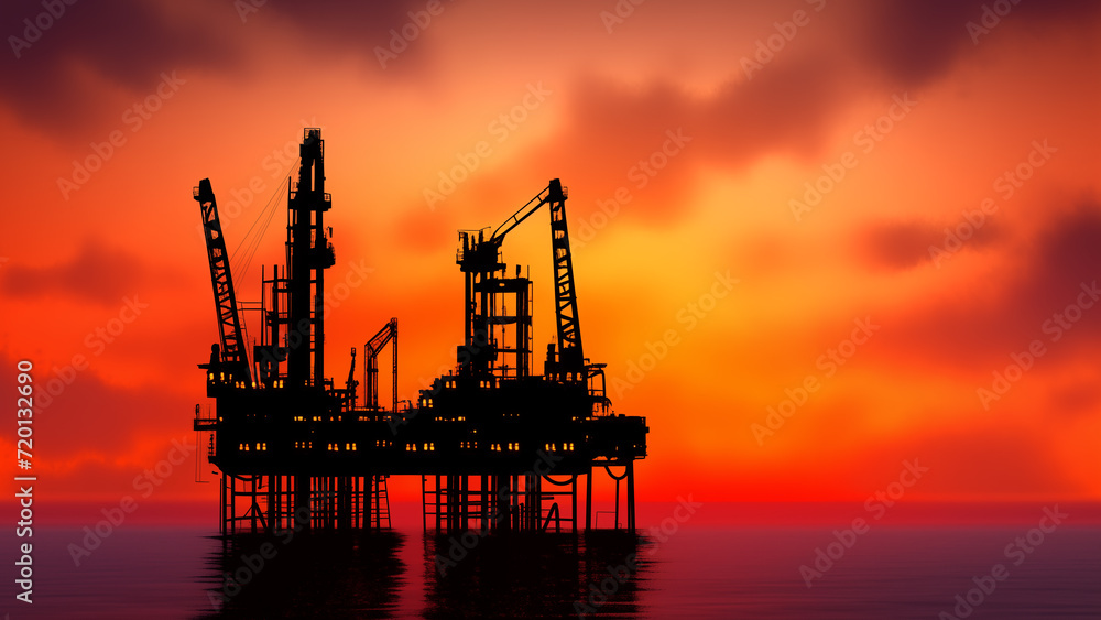 Industrial oil rig on calm ocean at sunset as energy concept, twilight ...