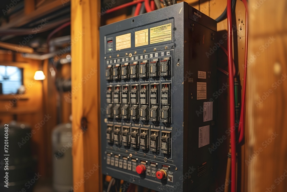 Electrical circuit breaker box with switches and wiring in a utility ...