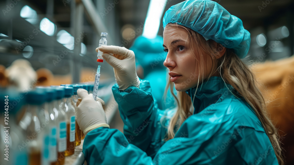 Veterinarian holds a syringe with vaccine on the background of a dairy ...