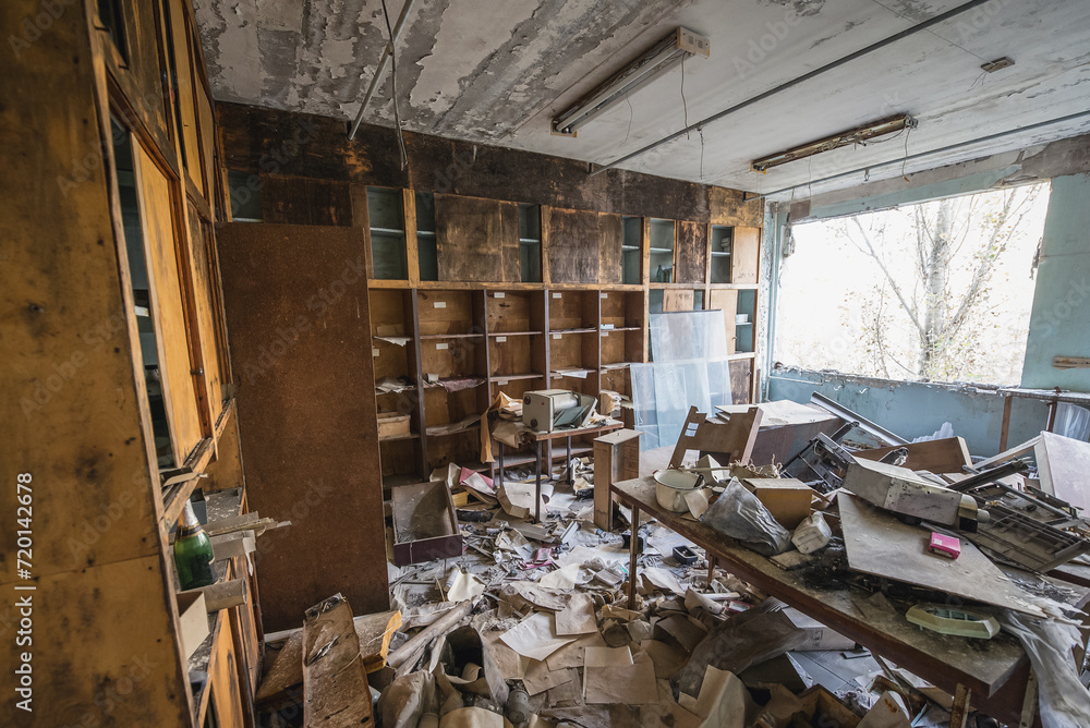 Chernobyl Zone, Ukraine - October 1, 2014: Office in Jupiter factory in ...