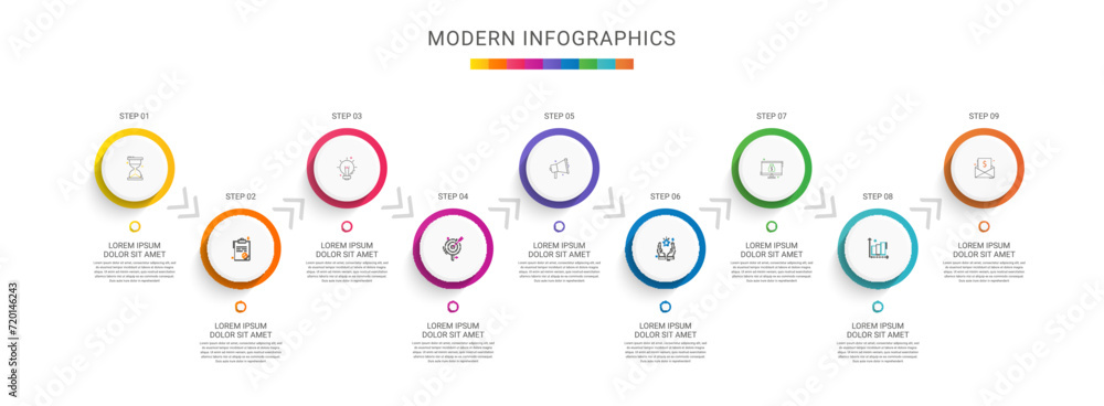 Business vector infographics with 9 circles and arrows. Timeline ...