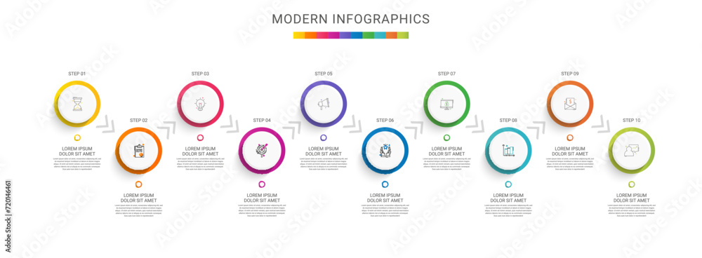Vetor de Business vector infographics with ten circles and arrows ...