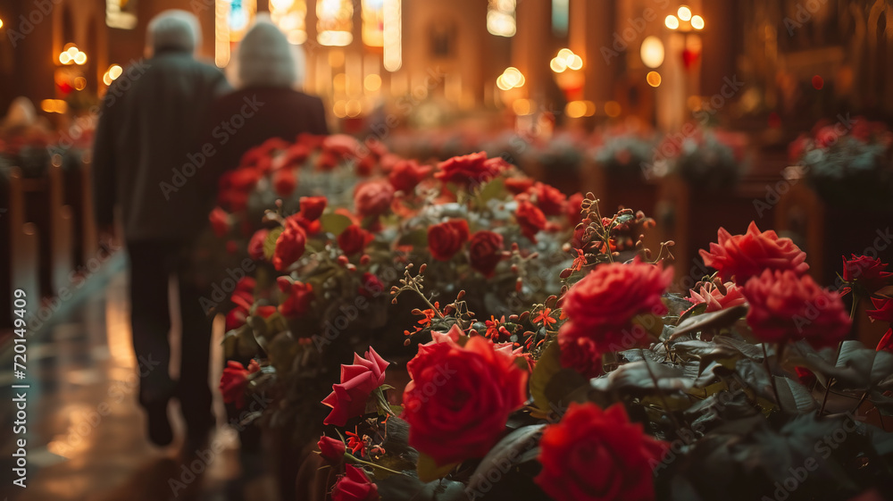 Sad, funeral and flowers with couple and coffin in church for death ...