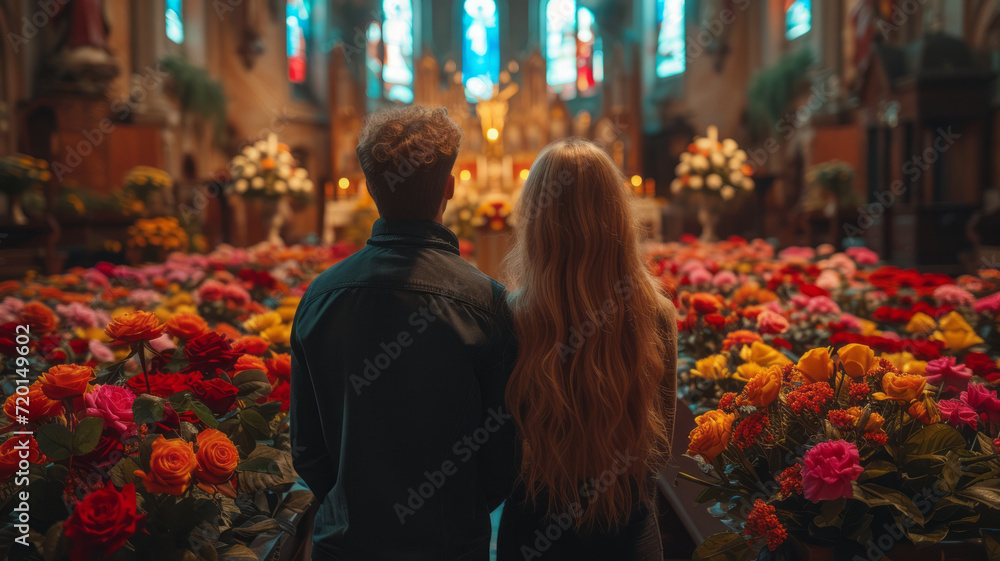 Sad, funeral and flowers with couple and coffin in church for death ...
