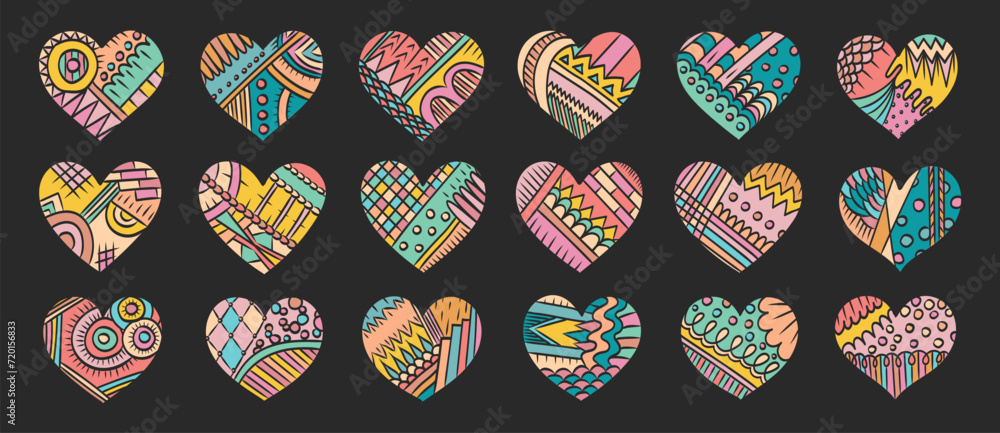 Hearts doodles set. Retro groovy. Zentangle heart. Valentines day ...