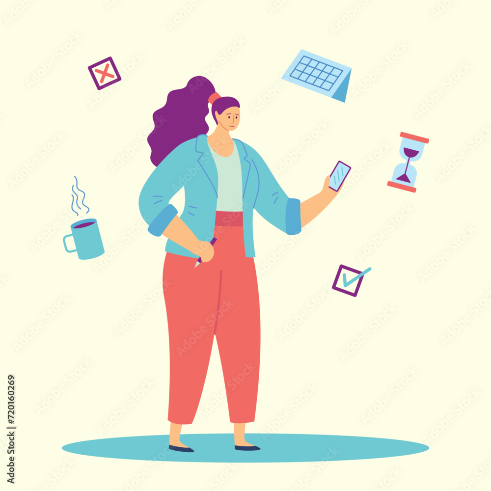 Cartoon Color Character Girl and Floating Objects Around Concept Flat ...