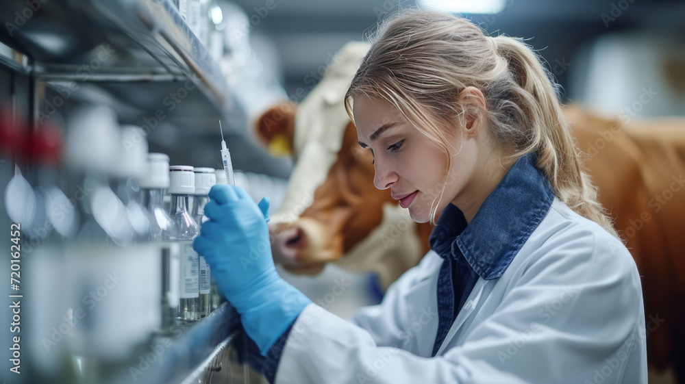 Veterinarian holds a syringe with vaccine on the background of a dairy ...