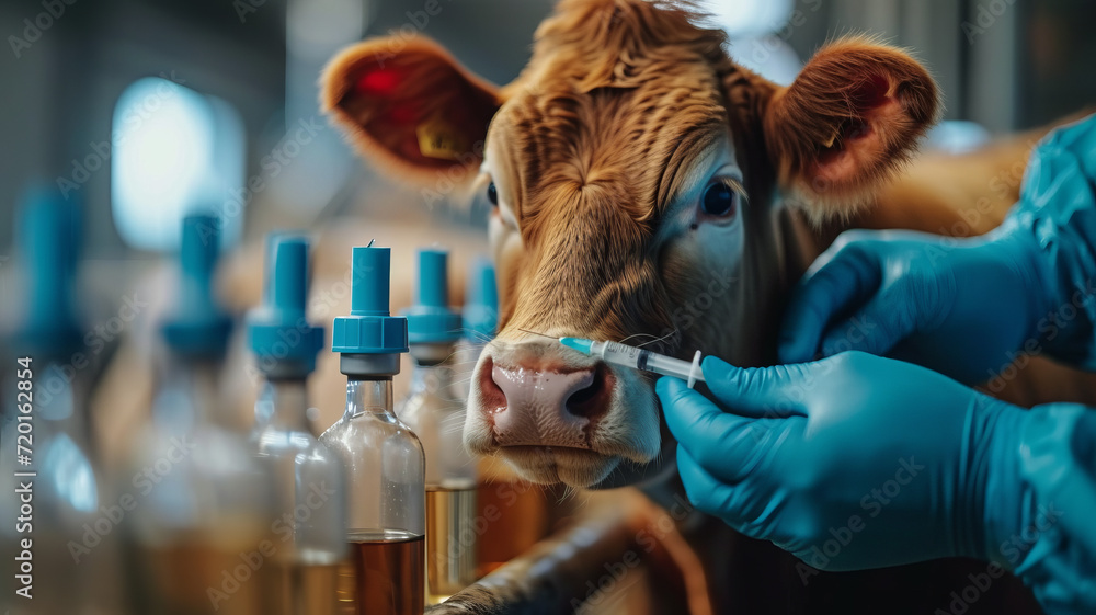Veterinarian holds a syringe with vaccine on the background of a dairy cow in a cow barn ...