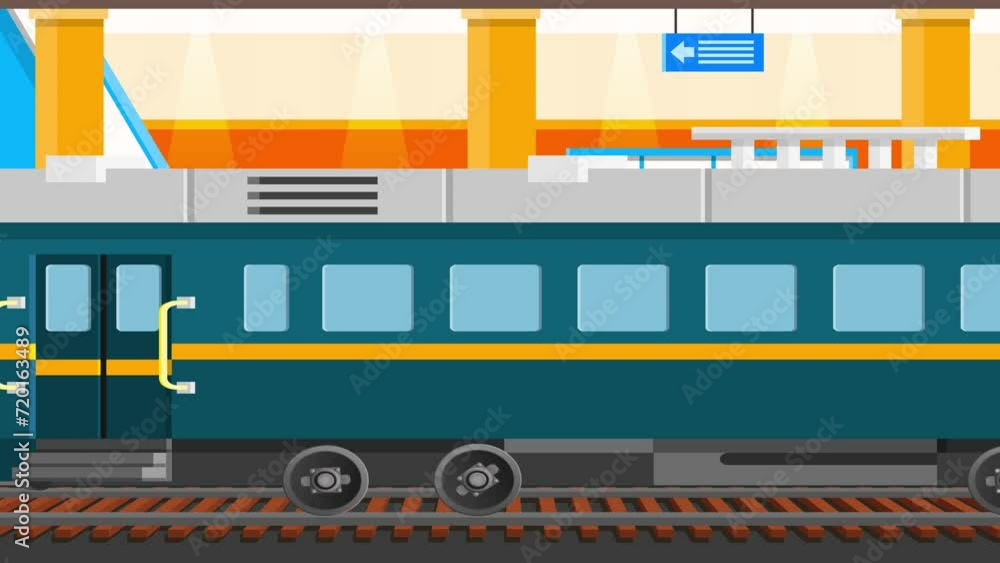 cartoon train running animation on railway station background / train ...